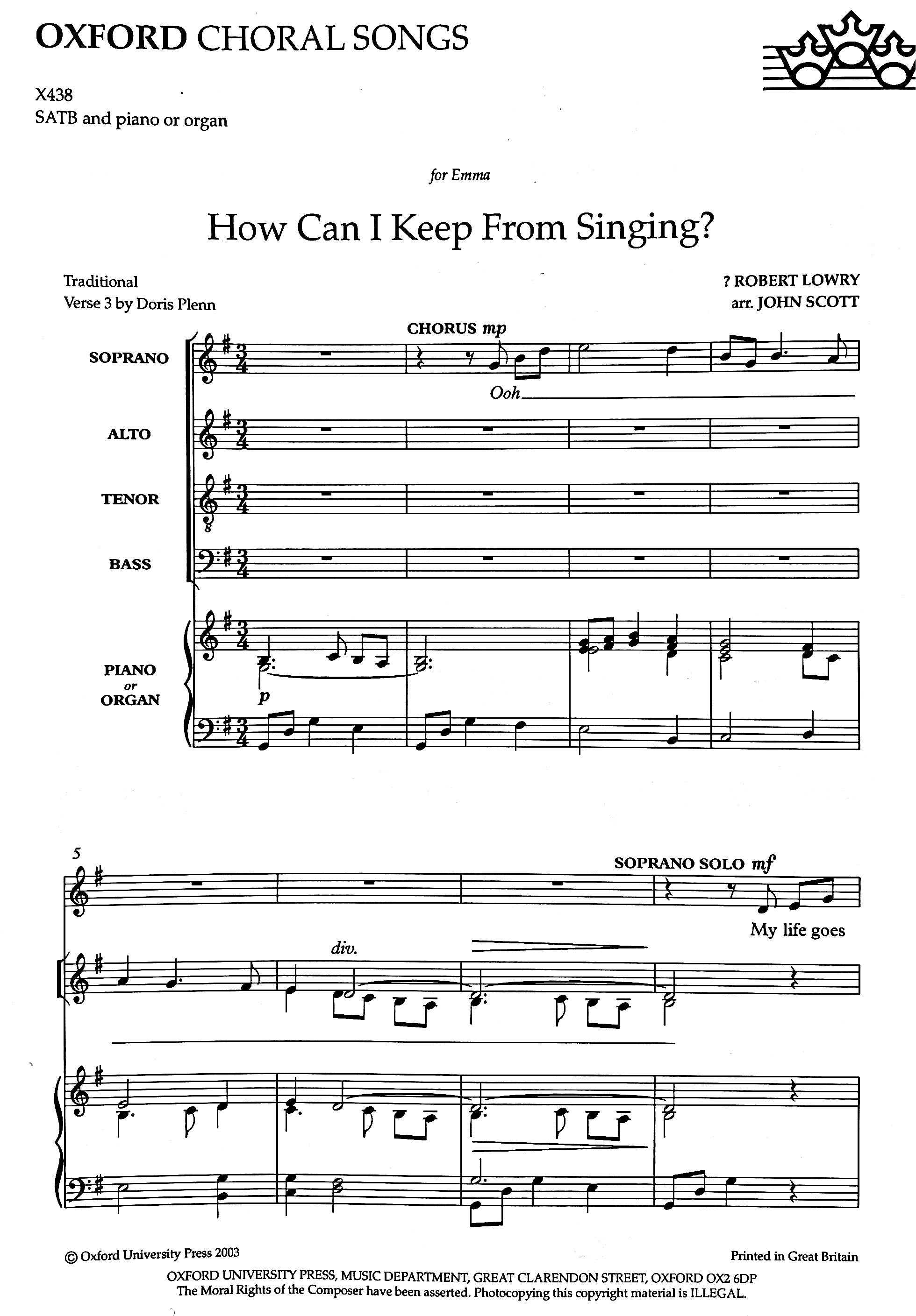 Robert Lowry Arr John Scott How Can I Keep From Singing Satb